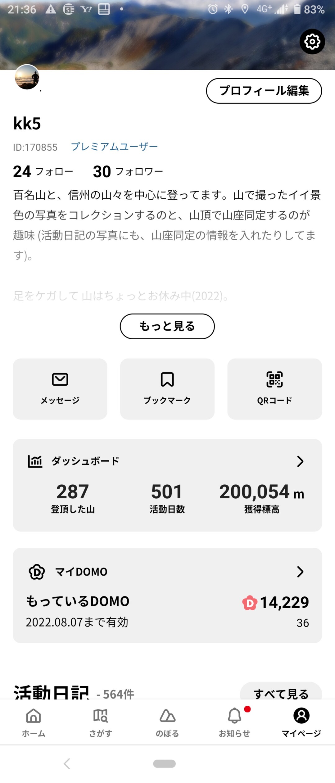 本日、累積獲得標高が200km越えた ️... / kk5さんのモーメント | YAMAP / ヤマップ