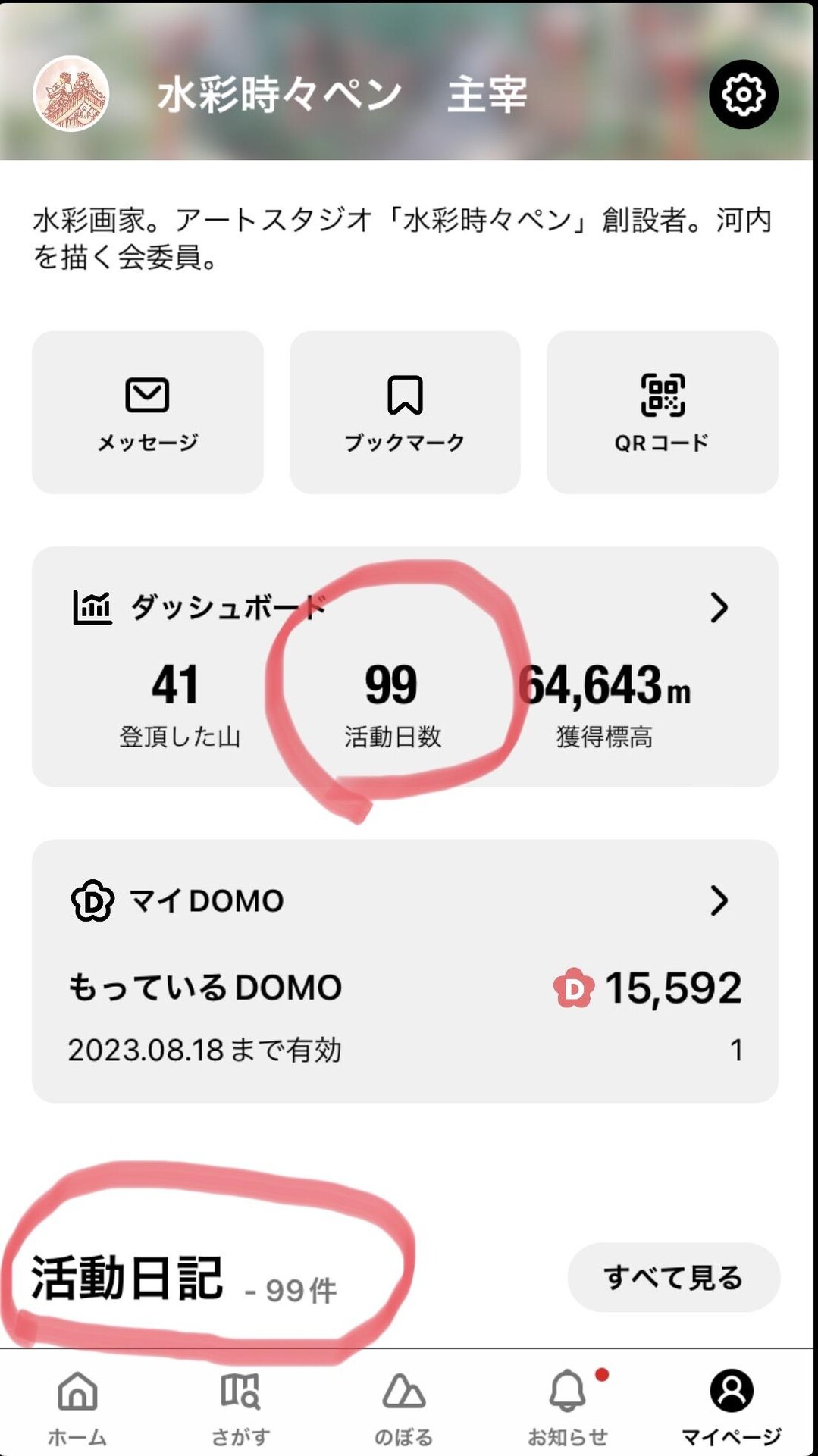 おっ、次回でYAMAP登山100回目💯... / 水彩時々ペン 主宰さんのモーメント | YAMAP / ヤマップ