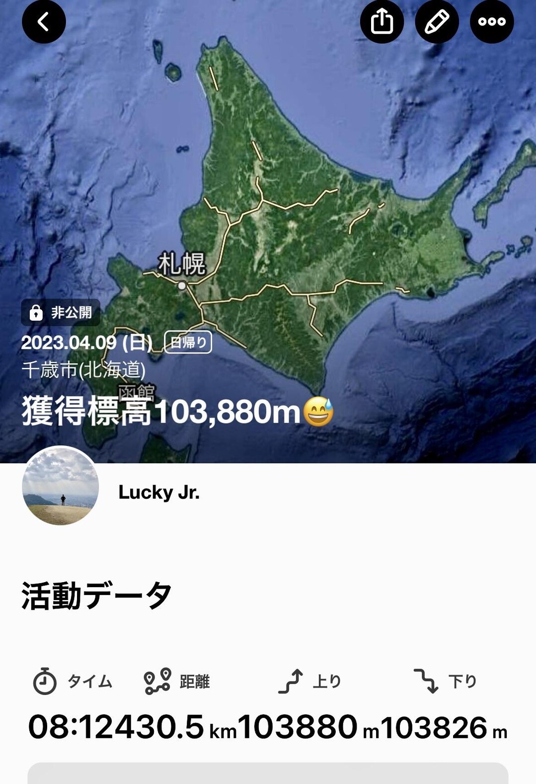 獲得標高103,880m😅 北海道... / Lucky Jr.さんのモーメント | YAMAP / ヤマップ