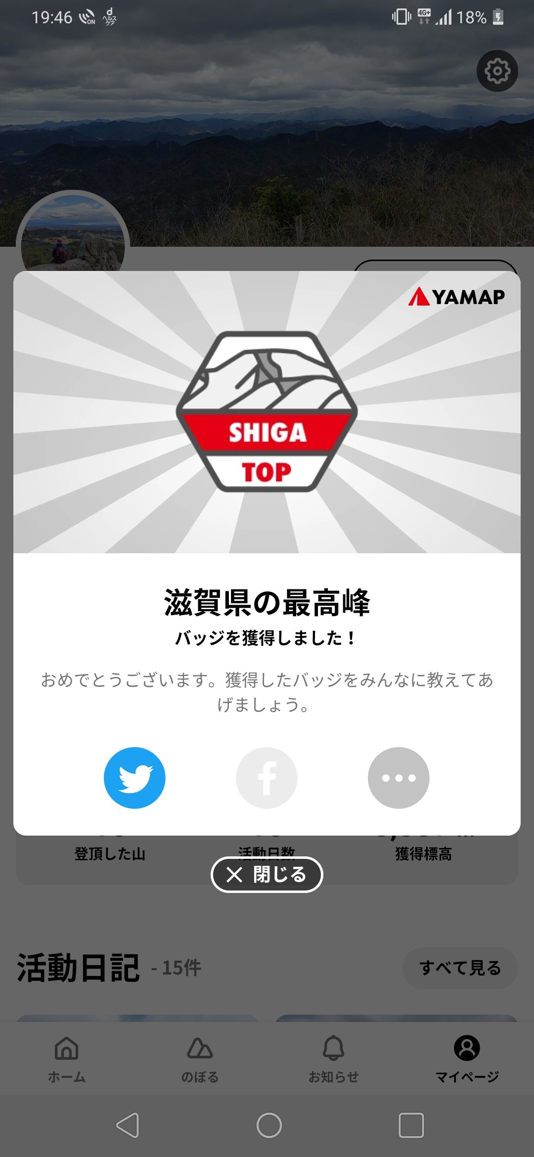 滋賀県の最高峰バッジGET！ / Keiさんのモーメント | YAMAP / ヤマップ